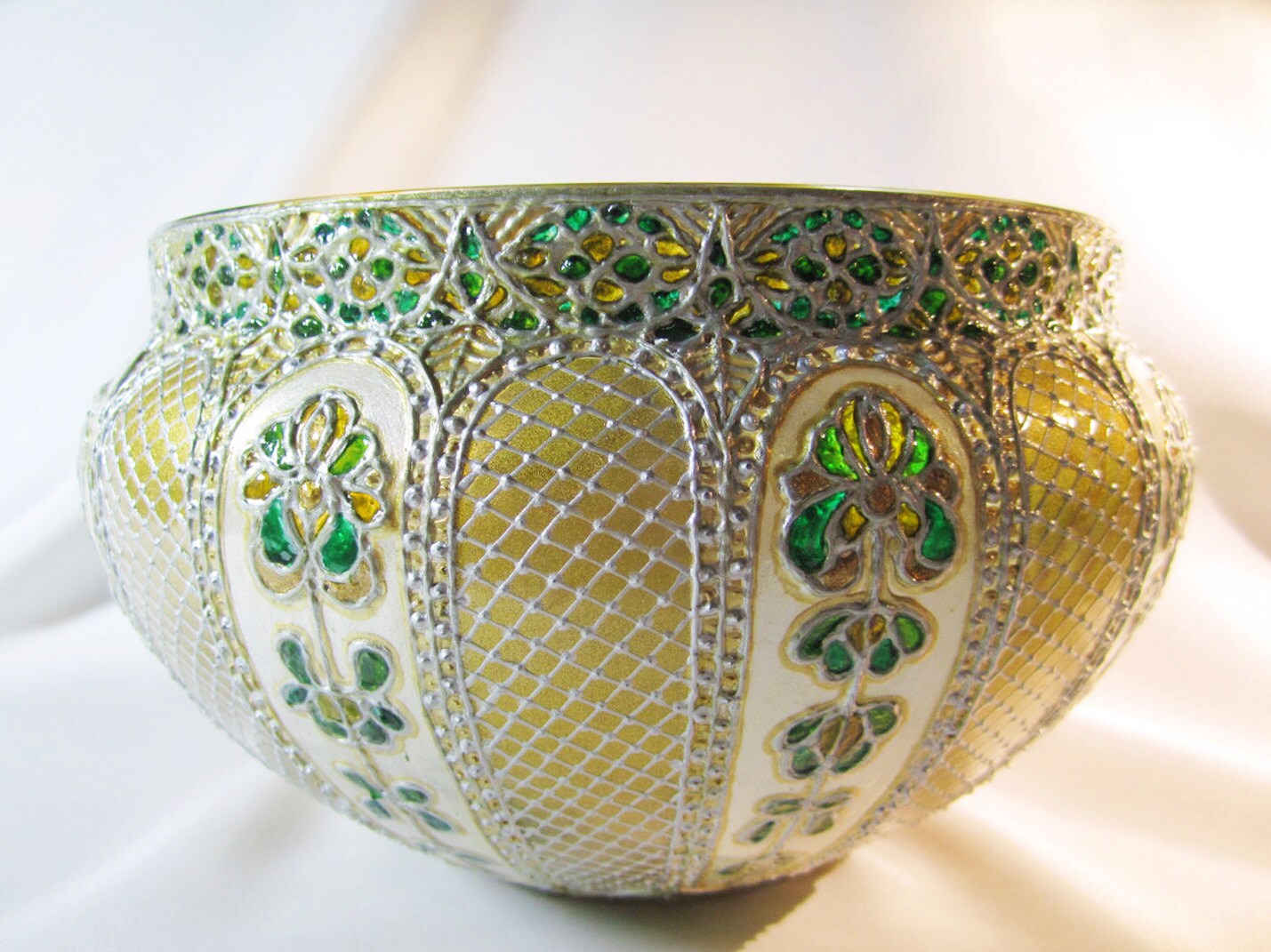 Roman Bowl Hand Painted Heavy Italian Glass Bowl OOAK Silver and Green ...