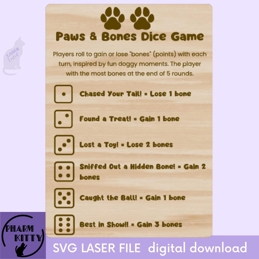 Paws and Bones Game SVG File for Laser Cutting | Pet-themed Dice Game ...