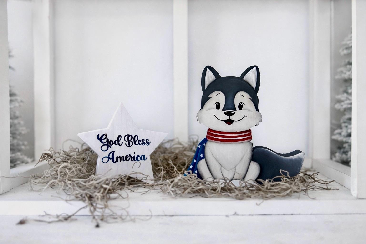 Hand Painted Patriotic Wood Husky Decor Set, God Bless America July ...