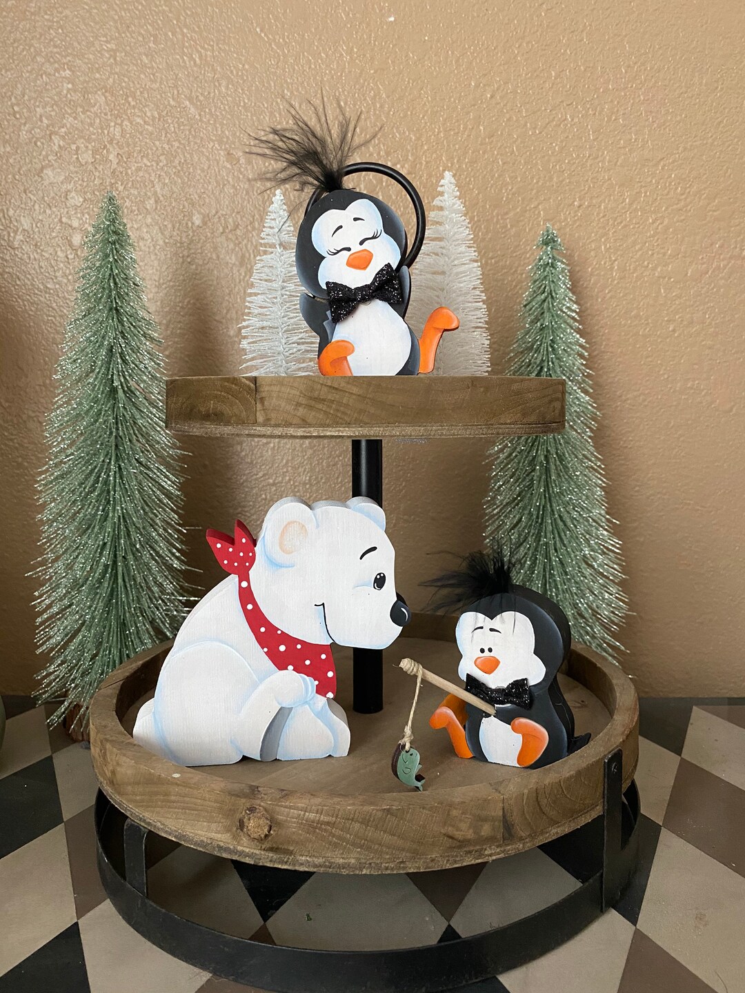 Hand Painted Penguin & Bear Winter Tiered Tray Decor - Etsy