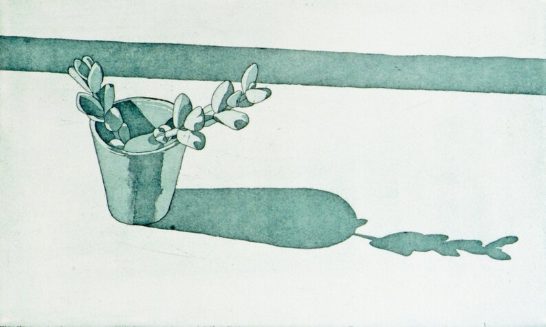 Crassula Pot Plant Etching Green Etching of Plant Original Print by ...