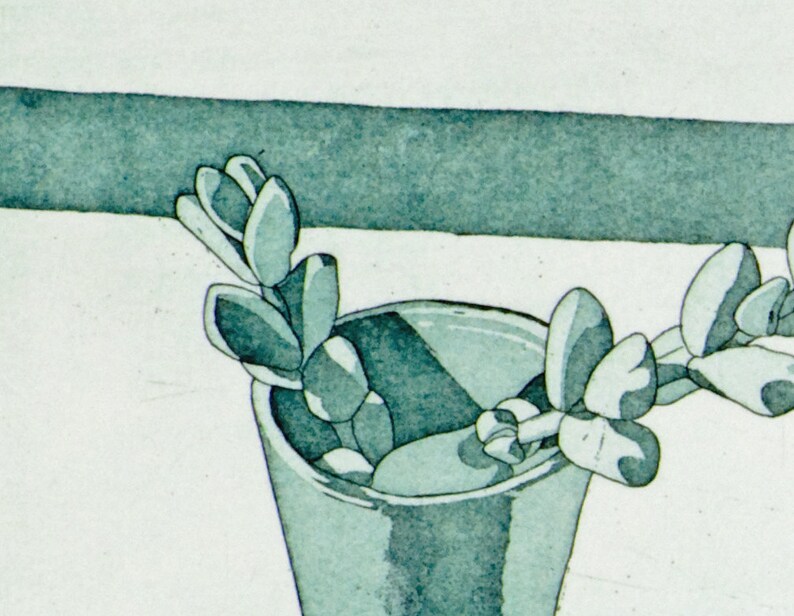 Crassula Pot Plant Etching Green Etching of Plant Original Print by ...