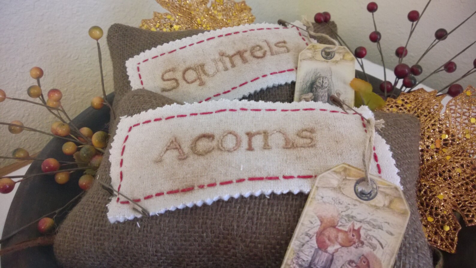 Fall Pillows Burlap Home Decor Squirrels and Acorns - Etsy