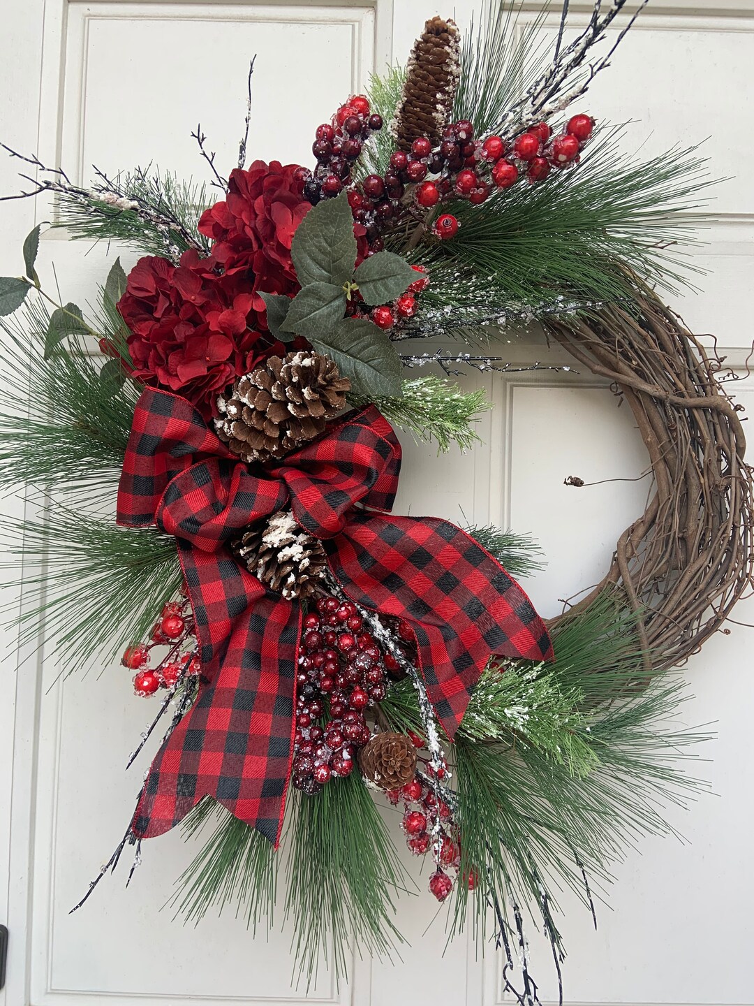 Christmas Wreath, Red Hydrangea, Red Berries, Red and Black Buffalo ...