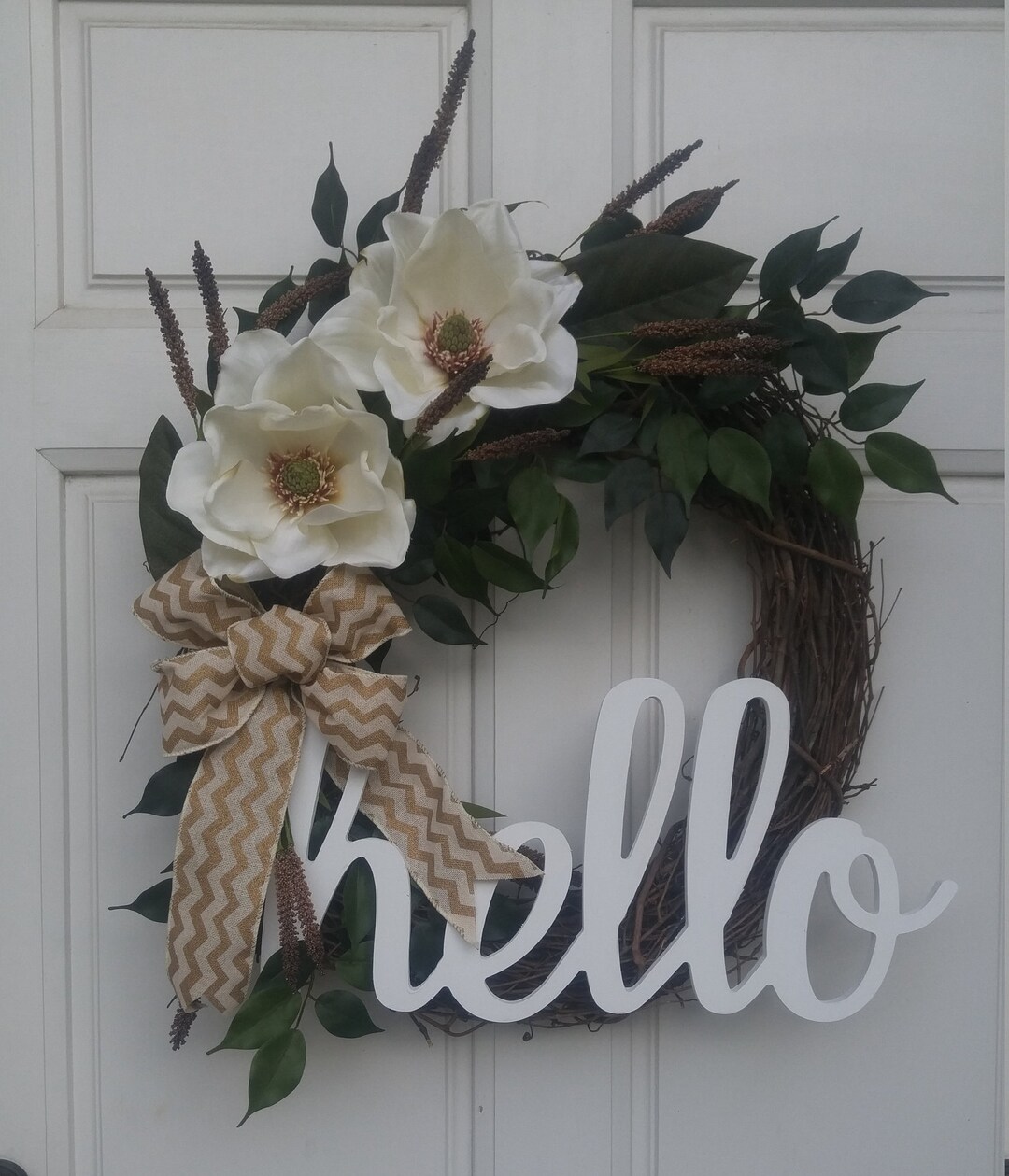 Cream Magnolia Grapevine Wreath With Chevron Ribbon, Hello Wood Sign ...