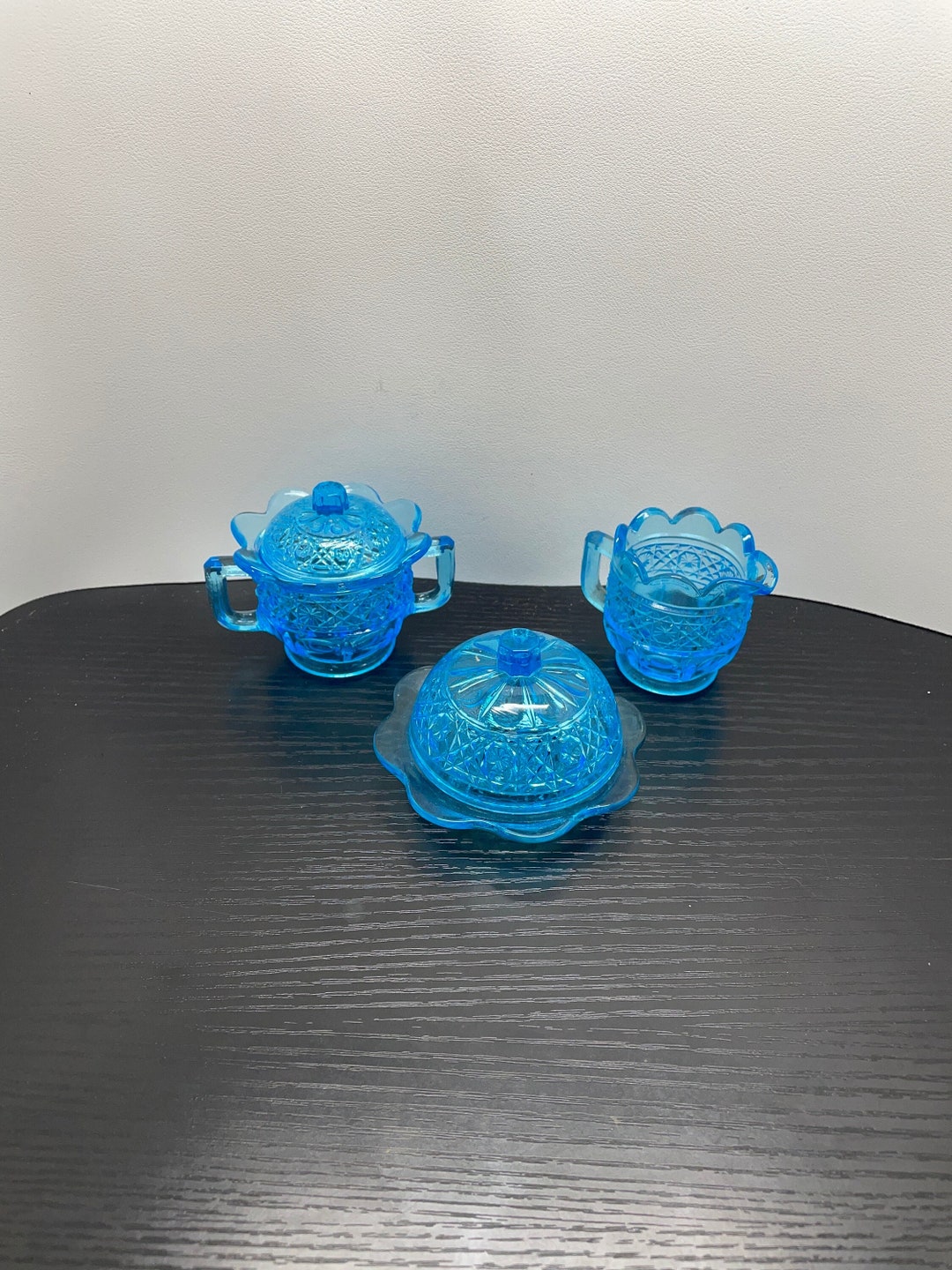 Vintage J Higbee EAPG Children's Butter Dish Sugar and Creamer Blue ...