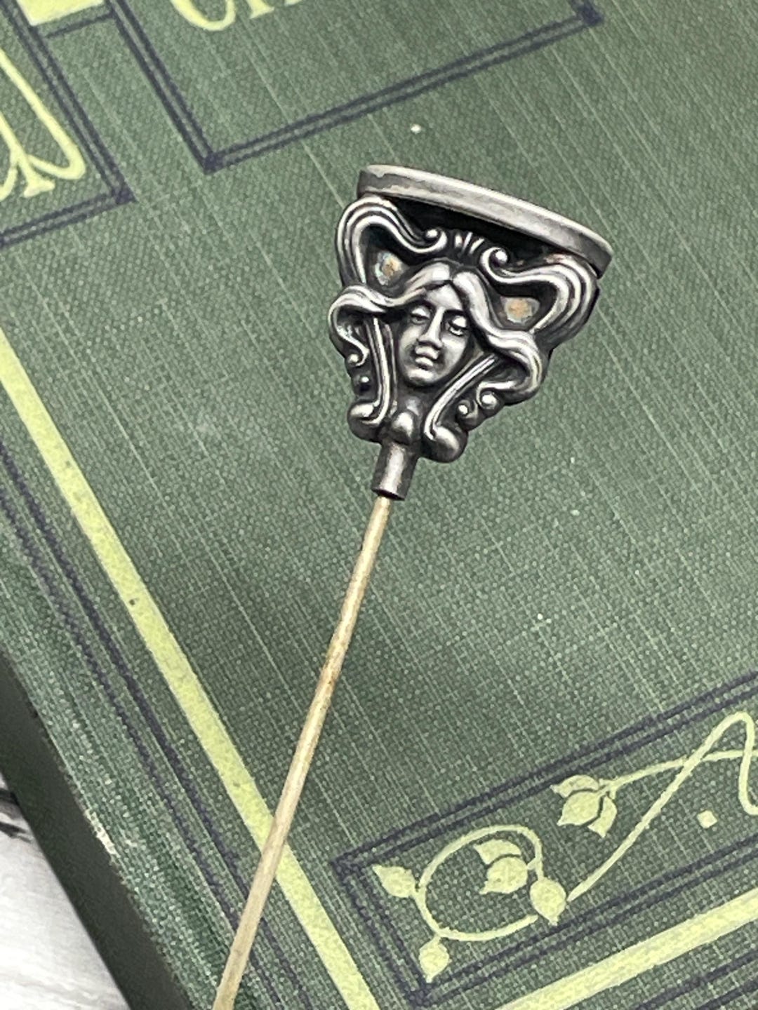 Vintage Art Nouveau Long Hat Pin: Engraved Silver Lady Face, Antique ...