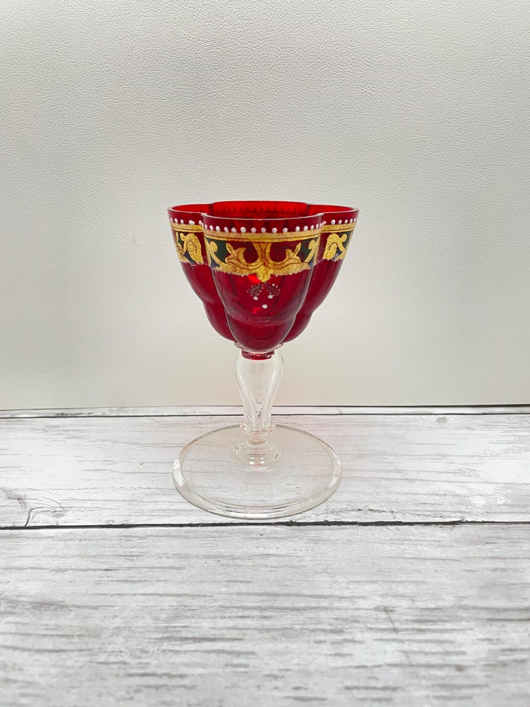 Vintage Small Red Glass Goblet, Footed Wine Glass Gold Accent Scroll ...