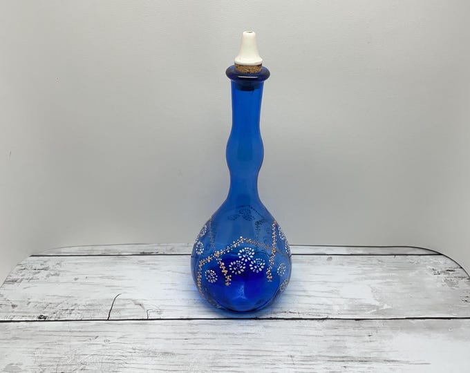 Antique Barber Bottle Blue With Hand Painted Accents Porcelain Top With ...