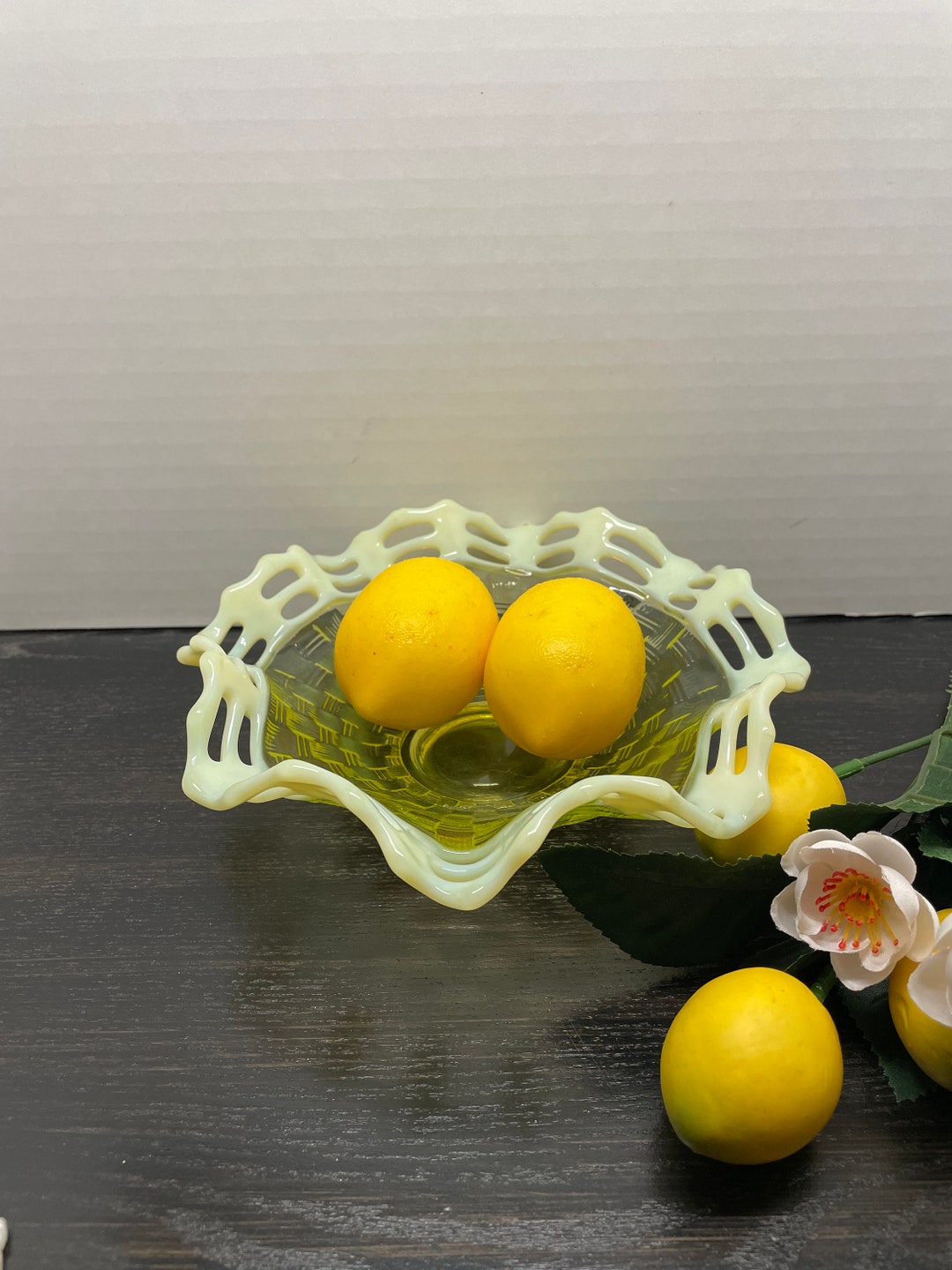 Antique Vaseline Glass Bowl Basket Weave Pattern Glass Bowl Fenton ...