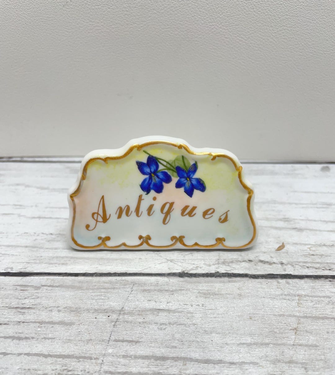 Vintage Porcelain Antiques Sign Shelf Sign Hand Painted Violets and ...
