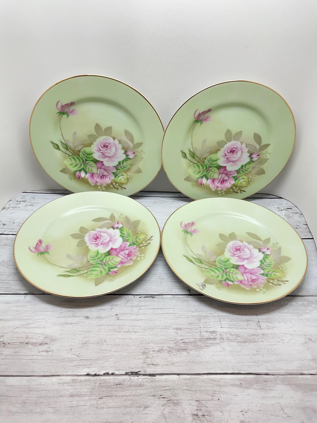 Lefton Side Plates Heritage Rose Light Green With Pink Roses Gold Trim ...
