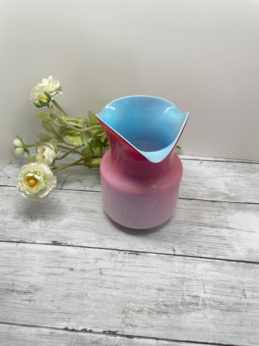Vintage Cased Glass Pink Over Blue Glass Vase With Ruffled Edge Thomas ...