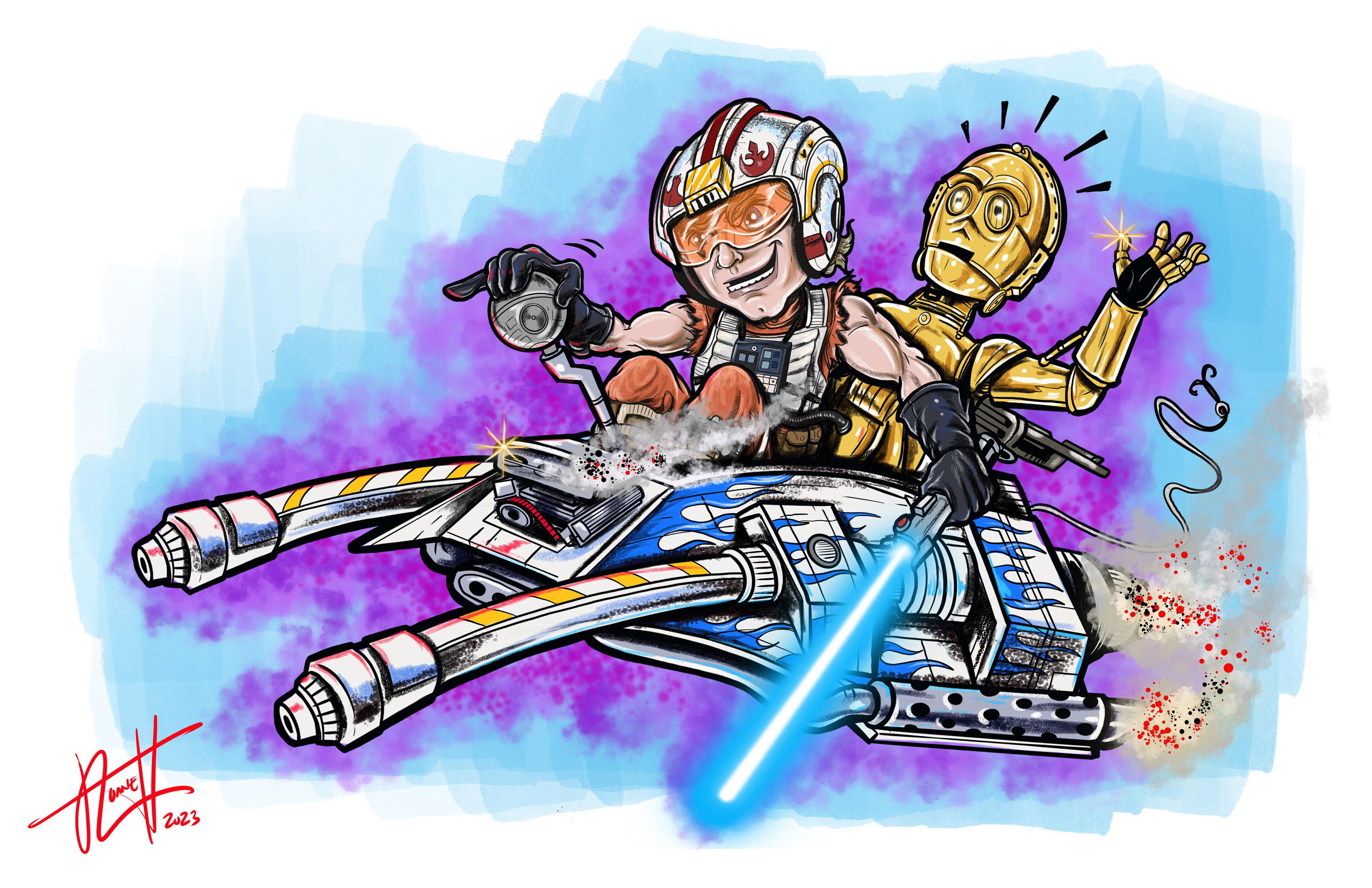 Star Wars Hot Rod Style Art Luke Skywalker C3PO 11x17 Glossy Cardstock ...