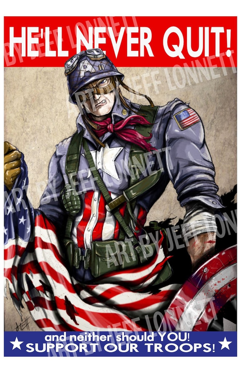 Captain America He'll Never Quit Propaganda WW2 Style Poster Print ...