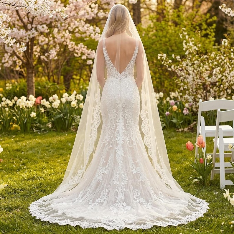 Alencon Lace Cathedral Wedding Veil, Floral Applique Bridal Veil With ...