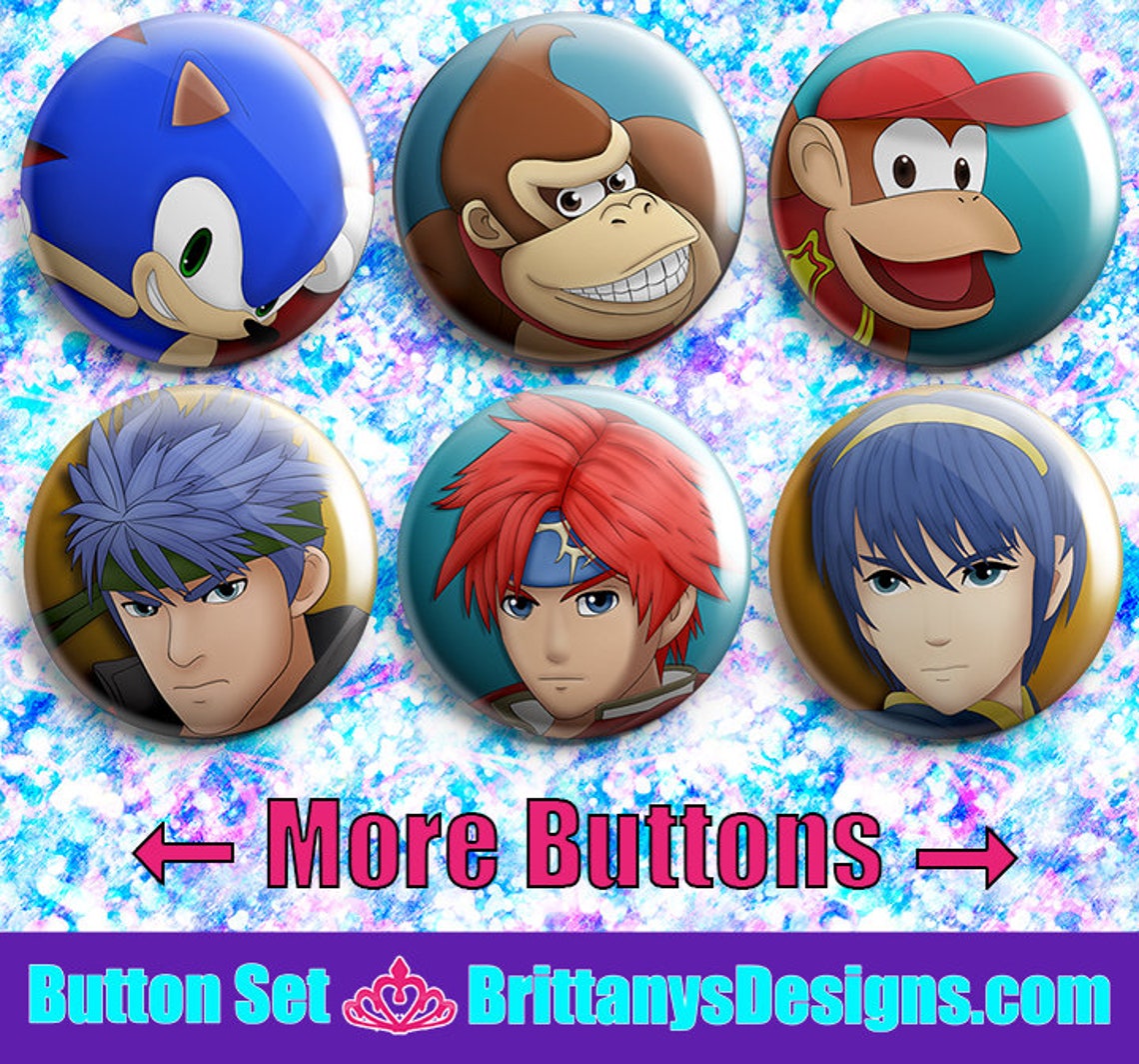Super Smash Bros Pin-back Button Badges Mario Sonic Donkey - Etsy