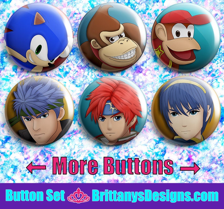 Super Smash Bros Pin-back Button Badges Mario Sonic Donkey Kong Kirby ...