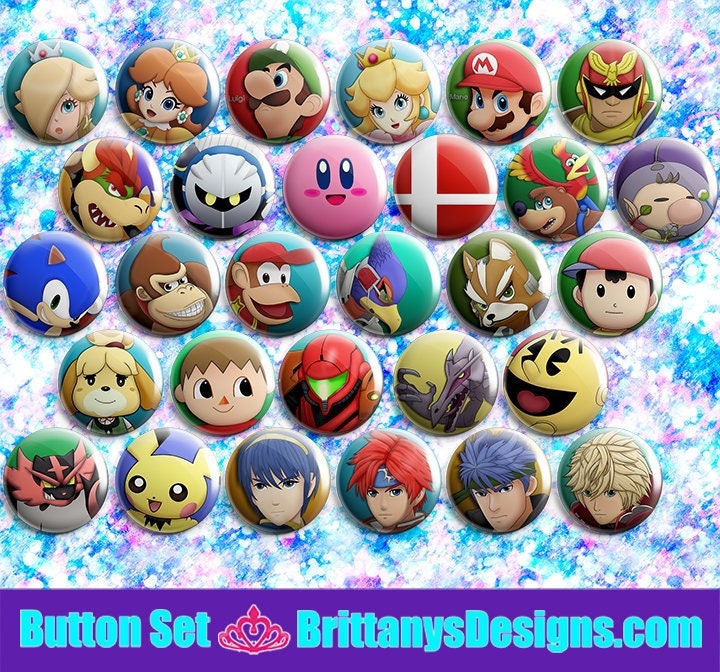 Super Smash Bros Pin-back Button Badges Mario Sonic Donkey Kong Kirby ...
