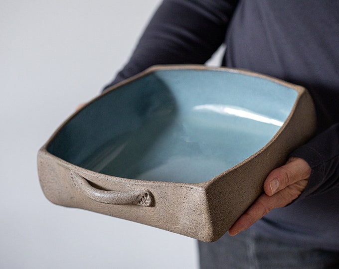 Large Square Ceramic Bake Dish, Casserole With Handles, Turquoise ...