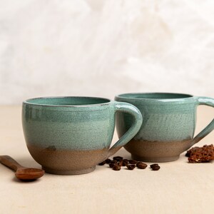 Set of TWO Green Large Mugs, Wheel-thrown Ceramic Coffee Mugs, Pottery ...