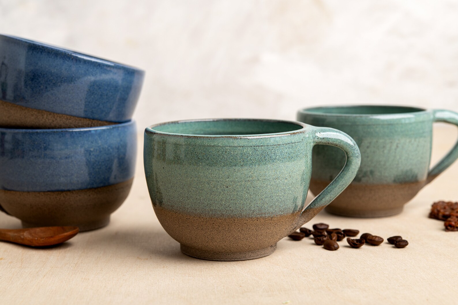 Set of TWO Green Large Mugs Wheel-thrown Ceramic Coffee Mugs - Etsy