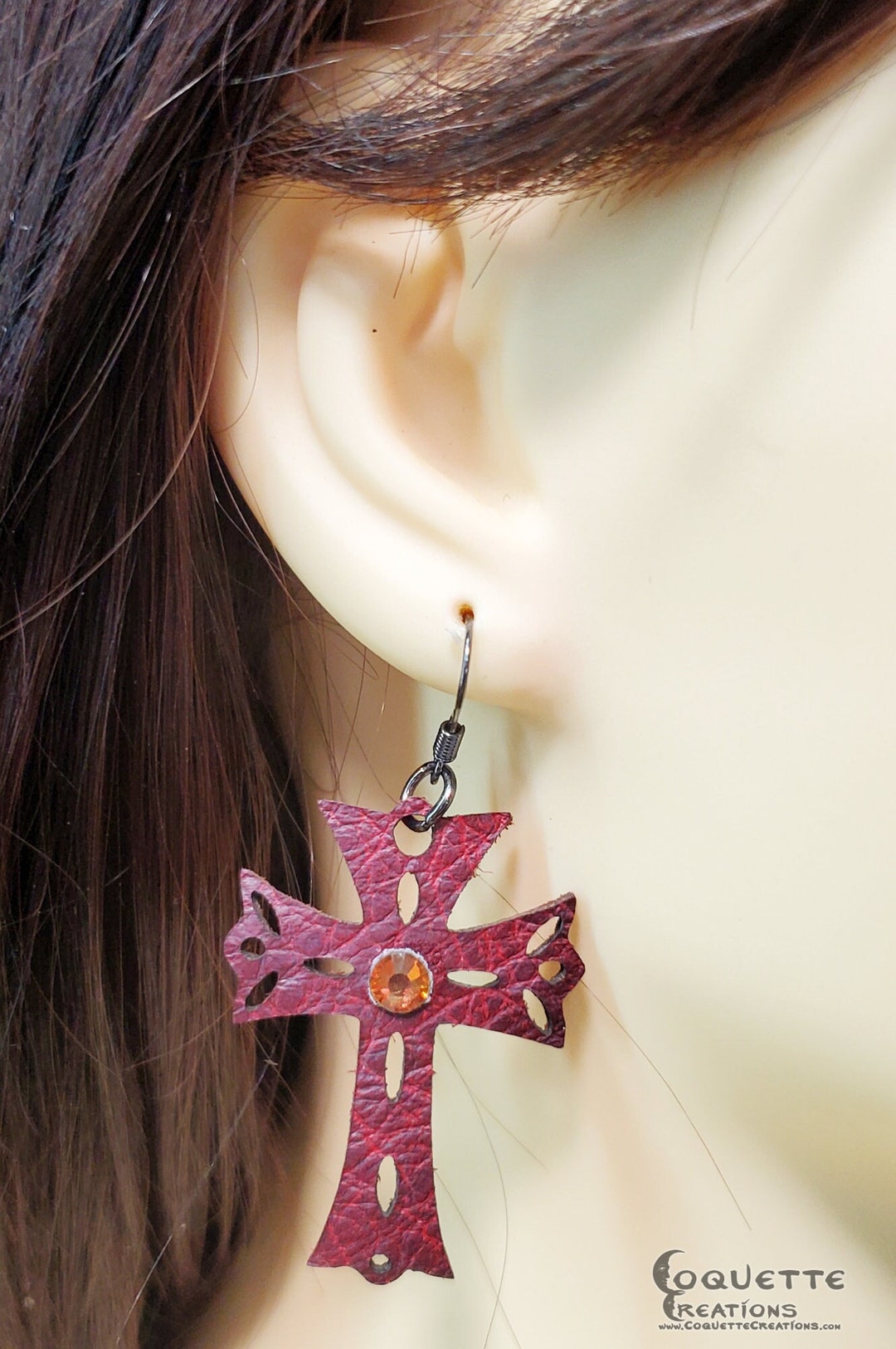Laser Cut Red Latin Cross Leather Earrings With Fire Red Crystal ...