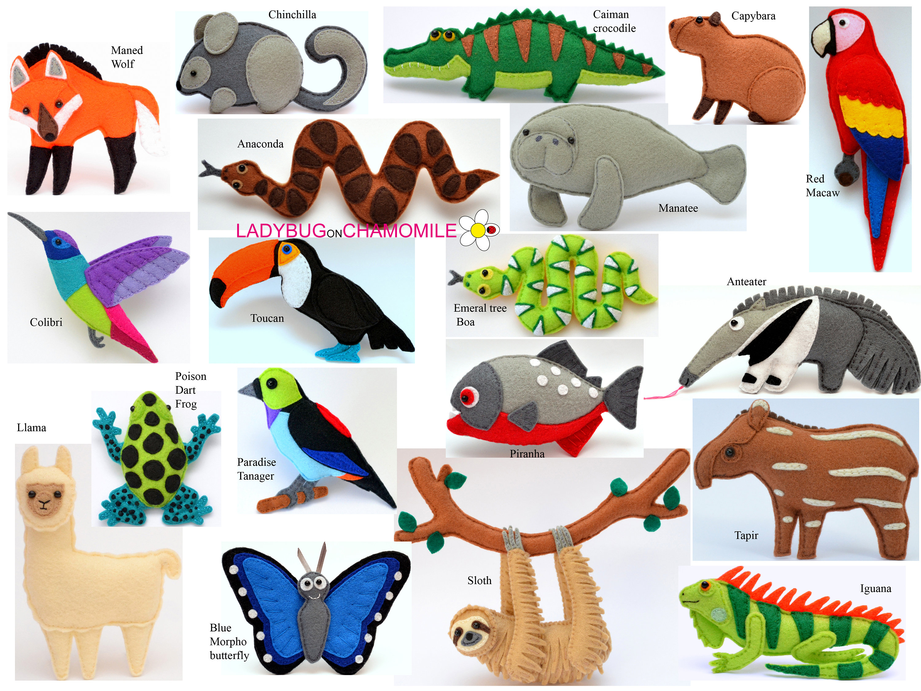 AMAZON RAINFOREST ANIMALS felt Toys Ornaments Magnets | Etsy
