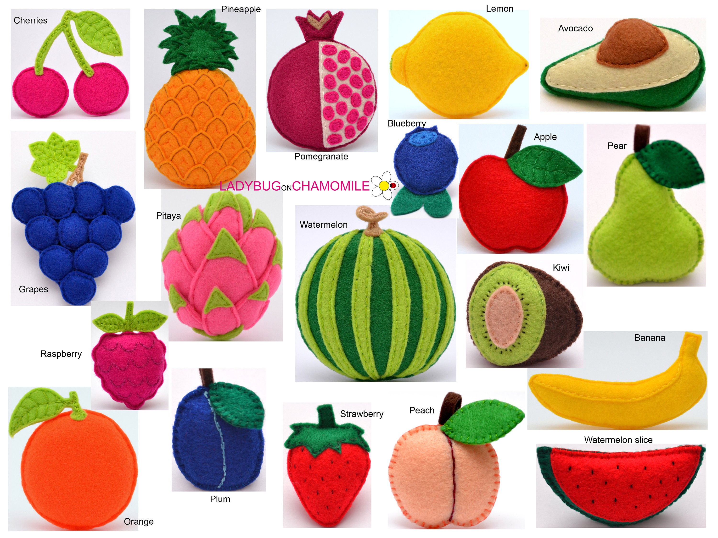 FRUITS and BERRIES Felt Toys, Ornaments, Magnets, Keychains, Brooches ...