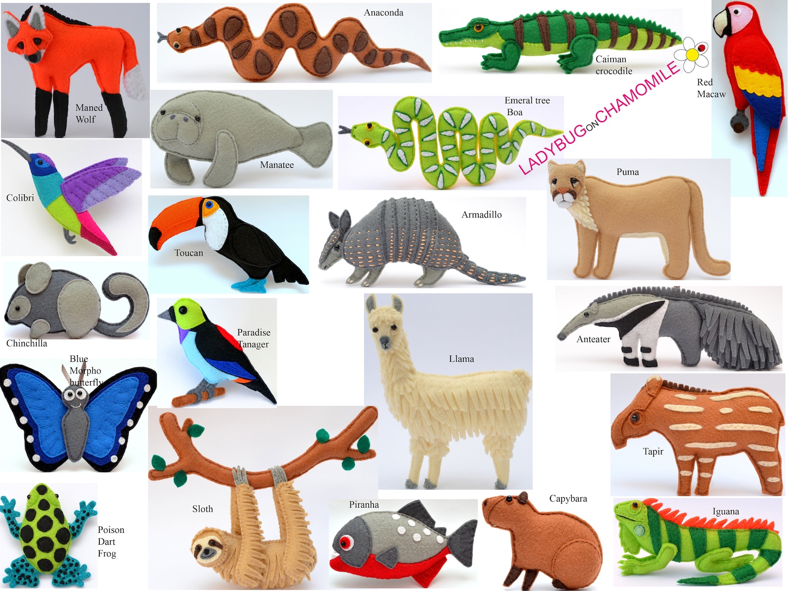 AMAZON RAINFOREST ANIMALS felt Toys Ornaments Magnets. | Etsy