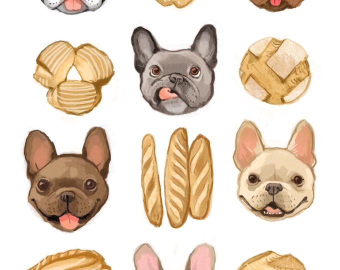 French Bulldogs and French Bread Illustration (digital Files Only) - Etsy