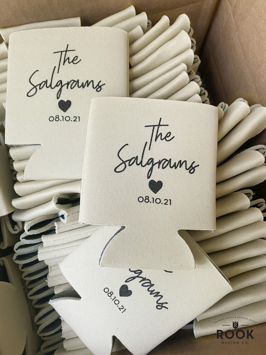 Custom Wedding Can Coolers: Script Font, Last Name Favor, Collapsible ...