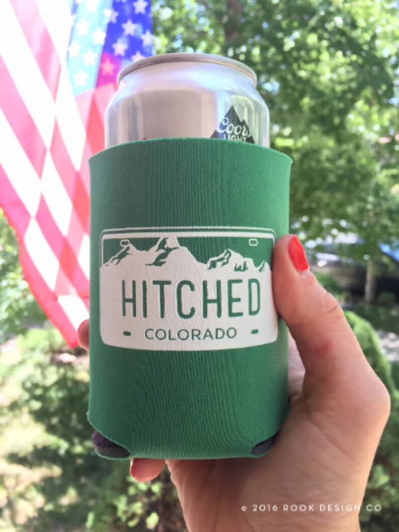Hitched in Colorado Can Coolers: Mountain Wedding Favors, License Plate ...