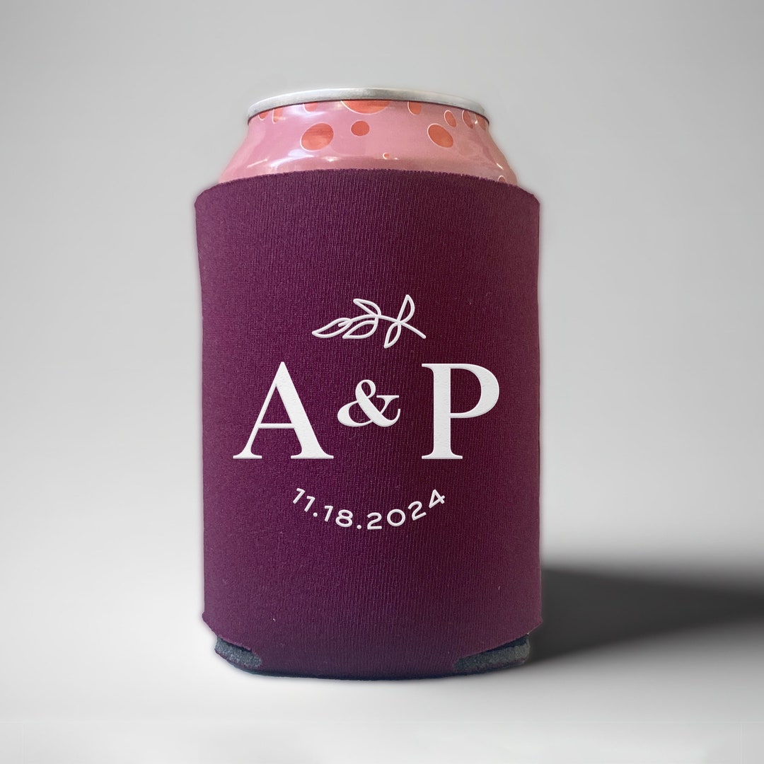 Monogrammed Can Coosie With Floral Vine, Custom Wedding Favor With ...