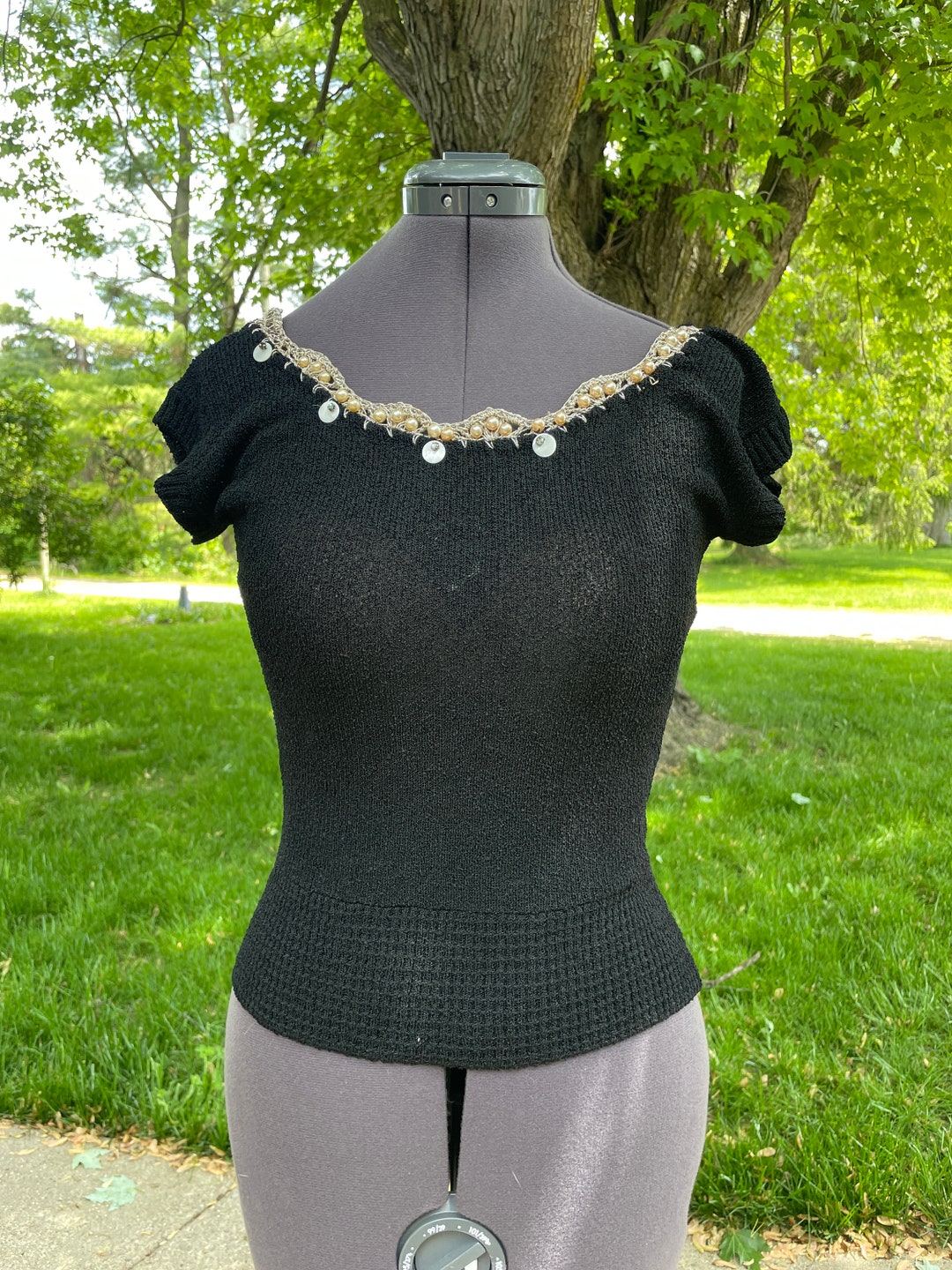 Vintage 1960s-50s Black Bouclé Cap-sleeve Top by Stylebest, Small ...