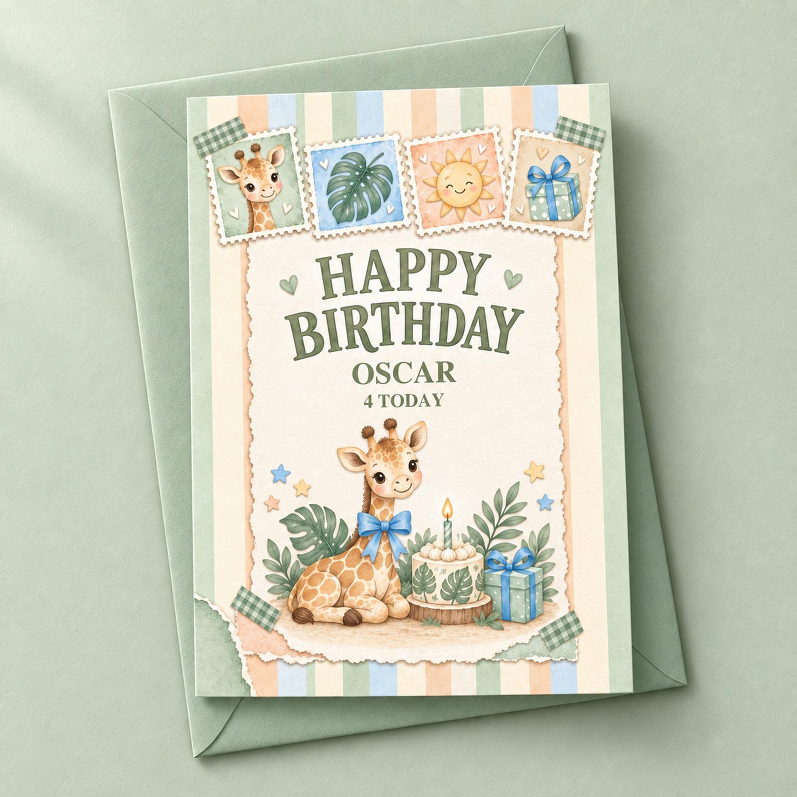 Safari Birthday Card for Kids, Pastel Postage Stamp Style, Editable ...