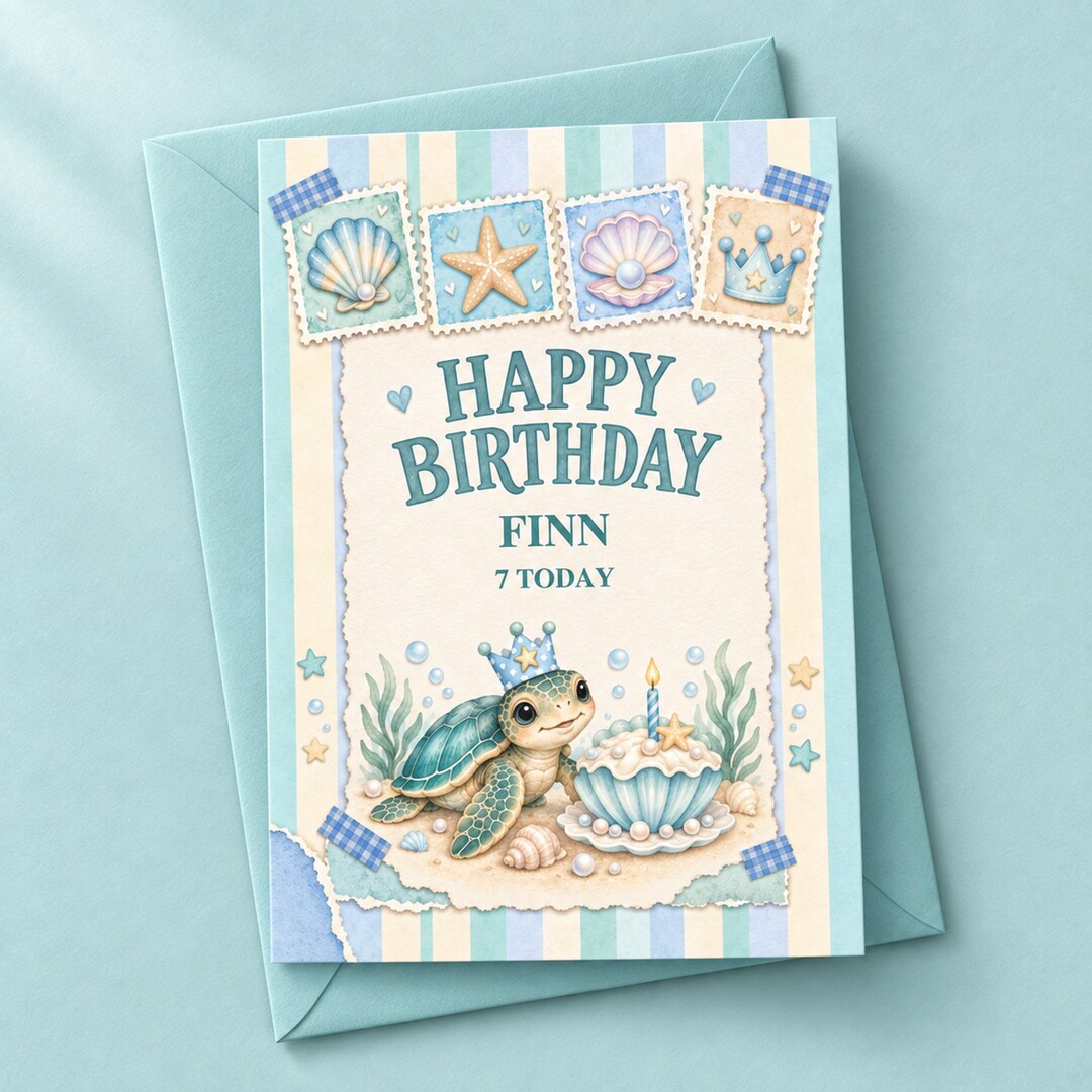 Sea Turtle Birthday Card for Kids, Pastel Postage Stamp Style, Editable ...