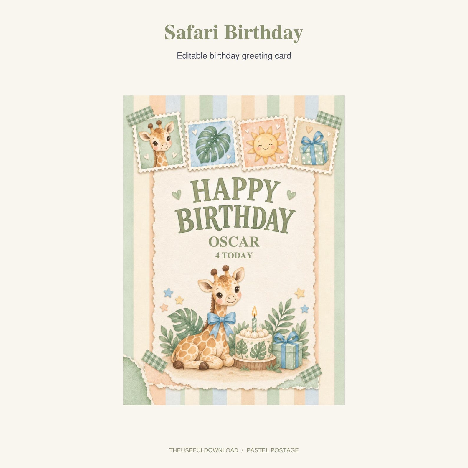 Safari Birthday Card for Kids, Pastel Postage Stamp Style, Editable ...