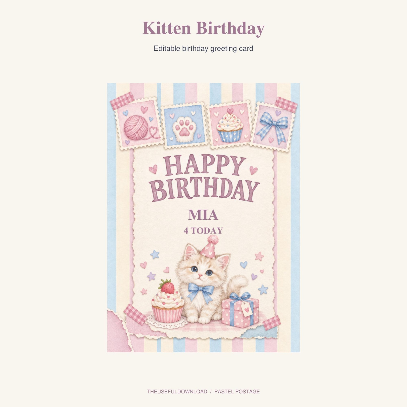 Kitten Birthday Card for Kids, Pastel Postage Stamp Style, Editable ...