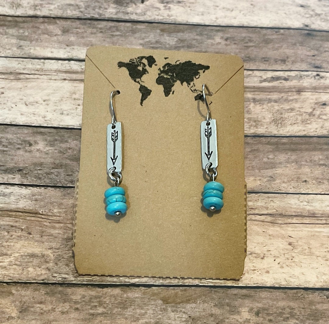 Arrow, Bohemian Style, Mini Dangle Earrings With Blue Beads - Etsy