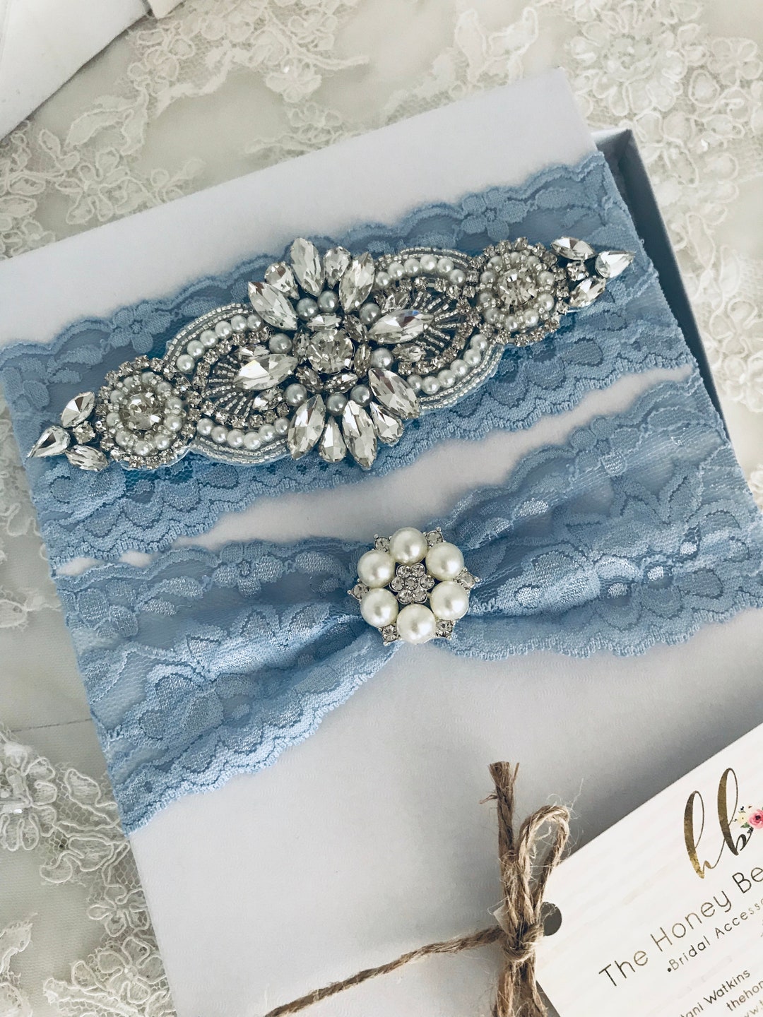 Blue wedding garter set, no slip grip garter toss and keepsake set ...