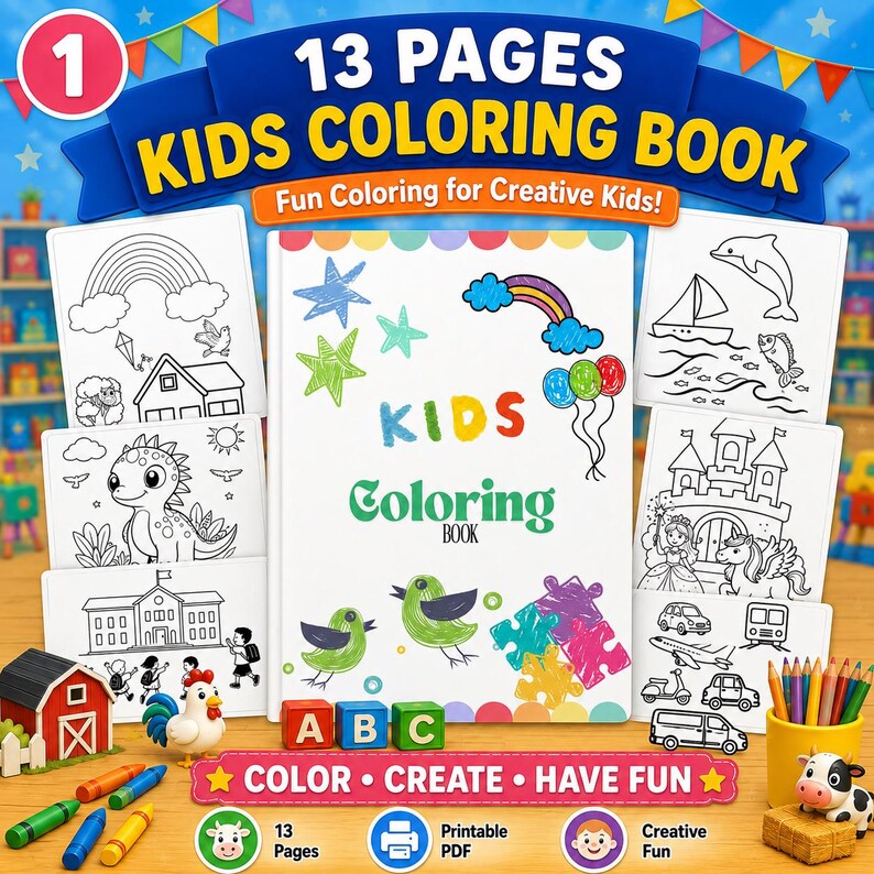 Digital Coloring Book Printable PDF, Easy Coloring Pages for Toddlers ...