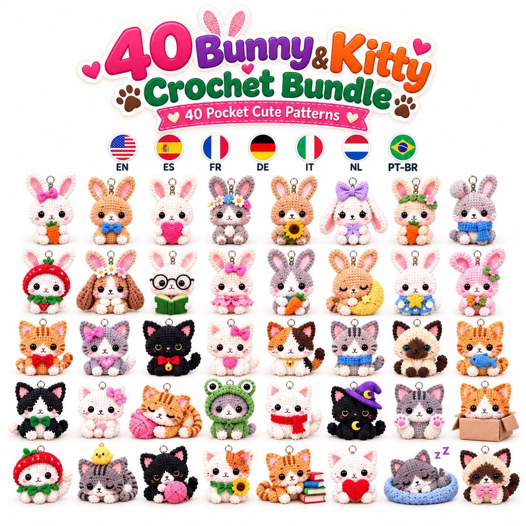 40 Bunny & Kitty Crochet Patterns, Amigurumi Keychain Bundle PDF, Cat ...