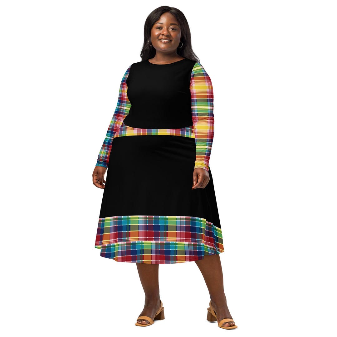 Black Rainbow VI Madras All-over Print Long Sleeve Midi Dress (several ...