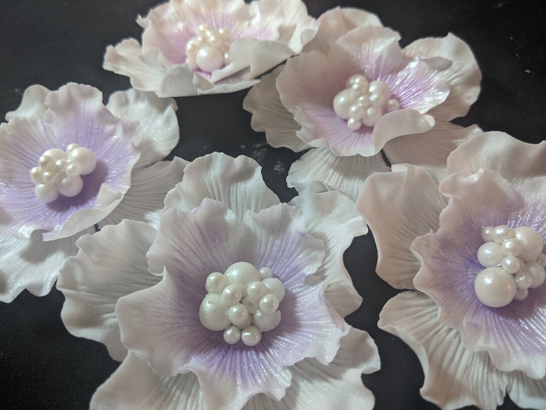 24 Edible 2 Color Double Ruffle Flowers (3") With Beautiful Pearl ...