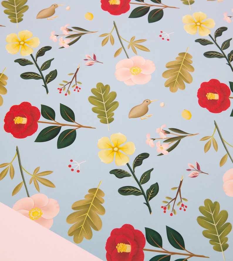Dusty Blue Floral Wrapping Paper Floral Birthday Gift Wrap | Etsy