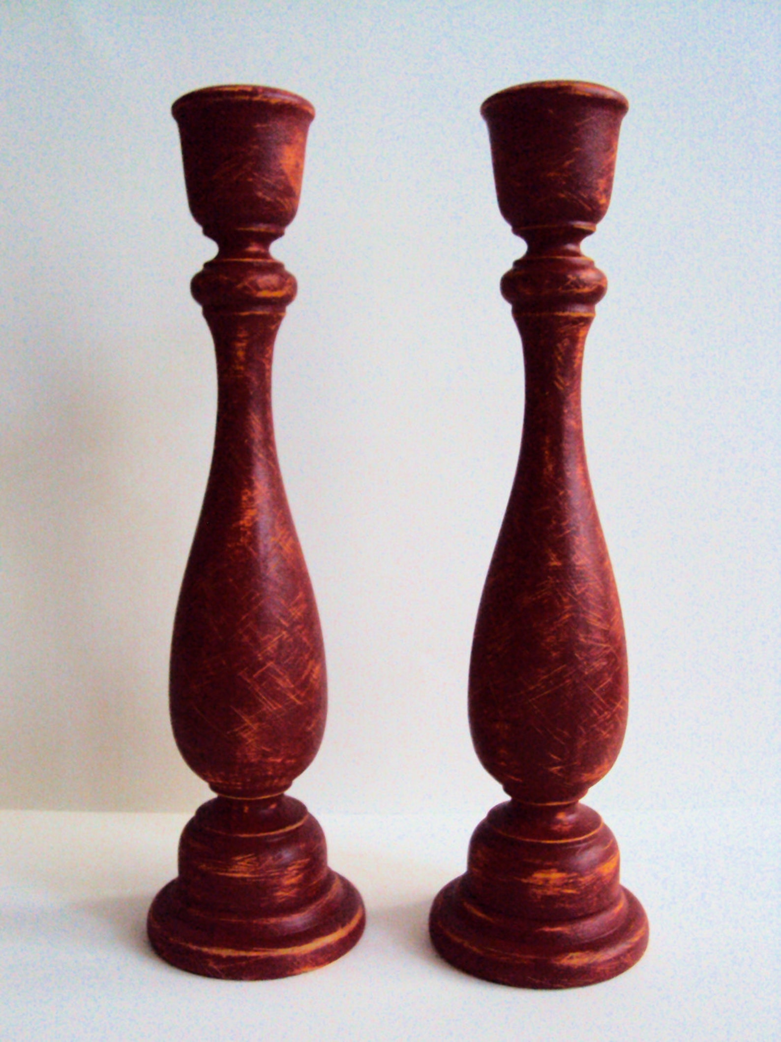 Rustic Distressed Wooden Candlesticks Pair of Tall Country - Etsy
