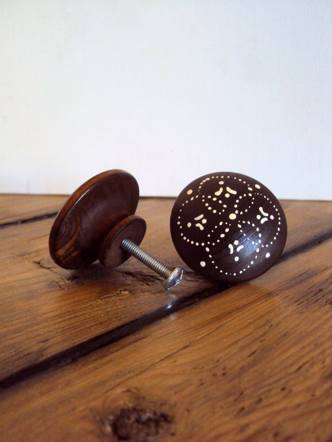 Set of Two Bohemian Knobs Brown White Wood Cabinet Cupboard Knobs Floral Wooden Dresser Drawer ...