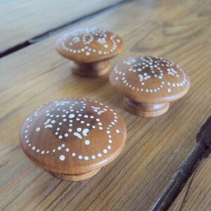 Set of Bohemian Knobs Golden Brown Wood Cabinet Cupboard Knobs Rustic Floral Wooden Dresser ...