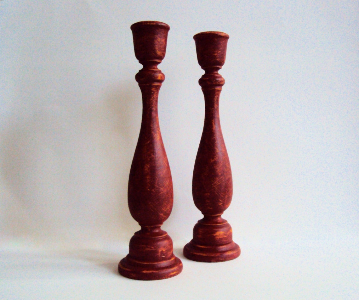 Rustic Distressed Wooden Candlesticks Pair of Tall Country - Etsy